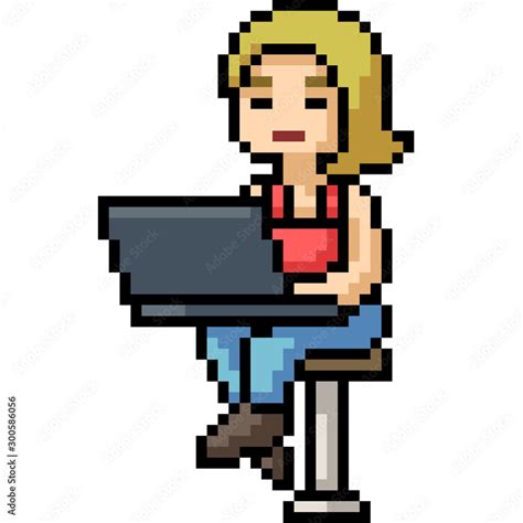 Vector Pixel Art Woman Laptop Stock Vector Adobe Stock