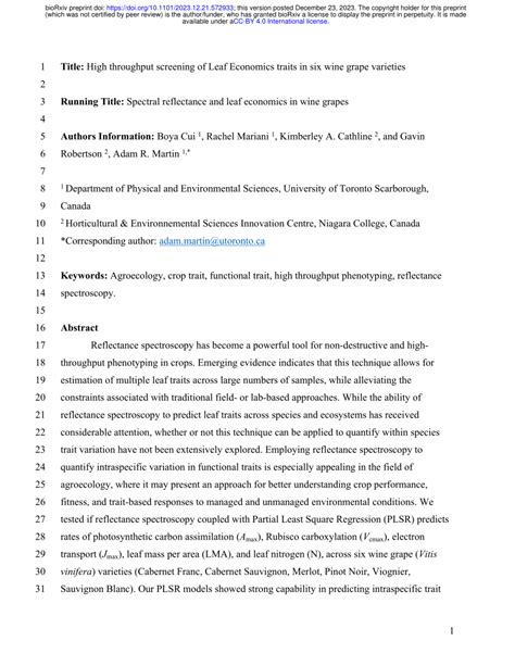 Pdf High Throughput Screening Of Leaf Economics Traits In Six Wine