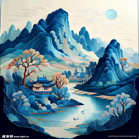 山水刺绣设计图 绘画书法 文化艺术 设计图库 昵图网