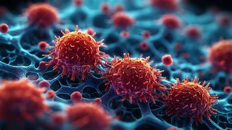 Microscopic View Of Vibrant Red And Orange Cells Interacting Within A Blue Cellular Environment