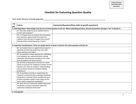Checklist For Creating Text Dependent Questions