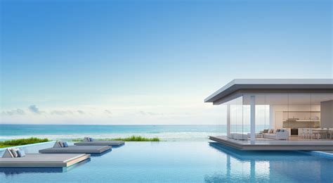 현대적인 디자인 큰 가족을 위한 별장에 바다 전망 수영장 럭셔리 비치 하우스 호화로움에 대한 스톡 사진 및 기타 이미지 호화로움 수영장 스포츠 경기장 부귀 Istock