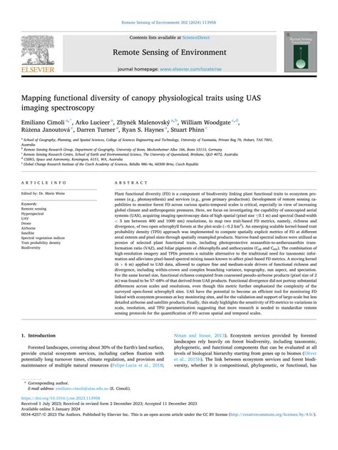 Pdf Mapping Functional Diversity Of Canopy Physiological Traits Using Uas Imaging Spectroscopy