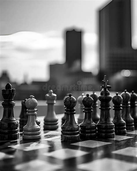 grayscale shot of chessboard pieces on a table in a city ai generated stock illustration