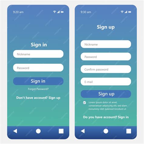 모바일 앱 디자인 템플릿 로그인 및 등록 프리미엄 벡터