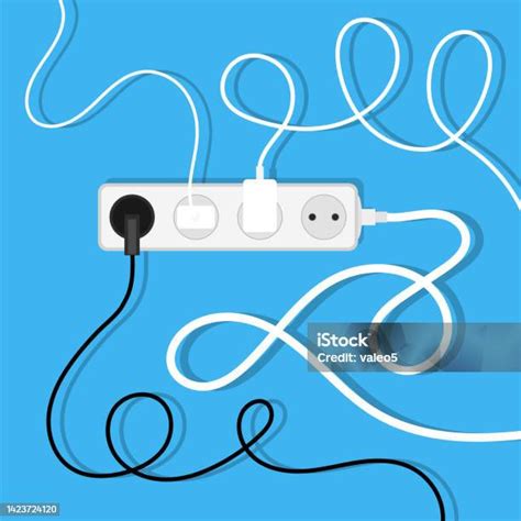 파란색 배경에 전선 및 충전기 여러 연장 코드에서 케이블의 엉망 케이블 관리 케이블에 대한 스톡 벡터 아트 및 기타 이미지 케이블 조직 벡터 Istock