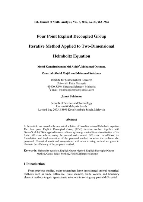 Pdf Four Point Explicit Decoupled Group Iterative Method Applied To Two Dimensional Helmholtz