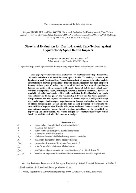 Pdf Structural Evaluation For Electrodynamic Tape Tethers Against Hypervelocity Space Debris