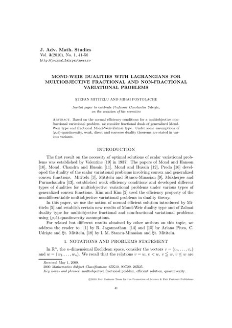 Pdf Mond Weir Dualities With Lagrangians For Multiobjective Fractional And Non Fractional