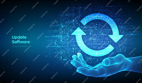 소프트웨어 업데이트 컴퓨터 프로그램 버전 개념 업그레이드 와이어프레임 손에 있는 이진 코드로 만든 동기화 아이콘 디지털 이진