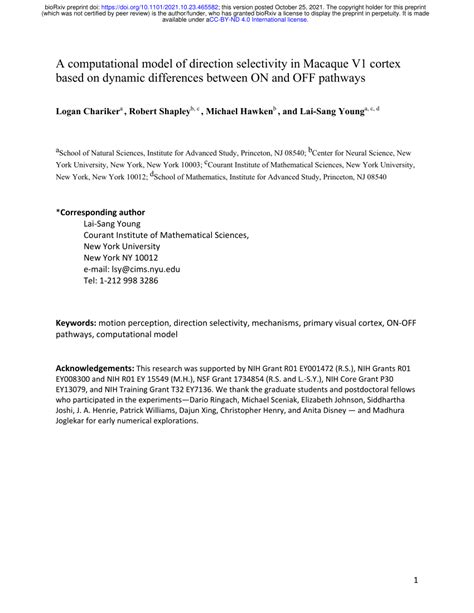 Pdf A Computational Model Of Direction Selectivity In Macaque V1 Cortex Based On Dynamic