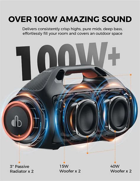 便携式蓝牙音箱 100w 强劲声音 带 Ex Bass Ipx7 防水 30h 播放时间 内置移动电源 蓝牙 5 3andtws 大型低音炮扬声器带携带带 适合派对、游泳池
