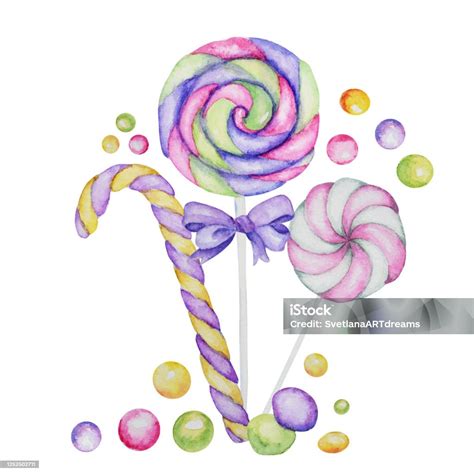 밝은 색상 사탕 세트 흰색 배경에 롤리팝 밝은 색상 수채화 손으로 그린 사탕 메뉴 디자인 카드 포스터 배너 초대장 그림 가지 식물 부위에 대한 스톡 벡터 아트 및 기타