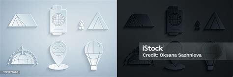 산 관광 텐트 장작불 지구본 비행 비행기 열기구 여권 티켓 및 아이콘이 있는 지도 포인터를 설정합니다 벡터 3차원 형태에 대한 스톡 벡터 아트 및 기타 이미지 Istock