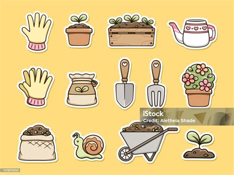 원예 클립 아트 세트입니다 화분에 심은 식물 정원 용품 및 심기 도구 귀여운 봄 여름 디지털 스티커 만화 그림입니다 갈퀴에 대한 스톡 벡터 아트 및 기타 이미지 Istock