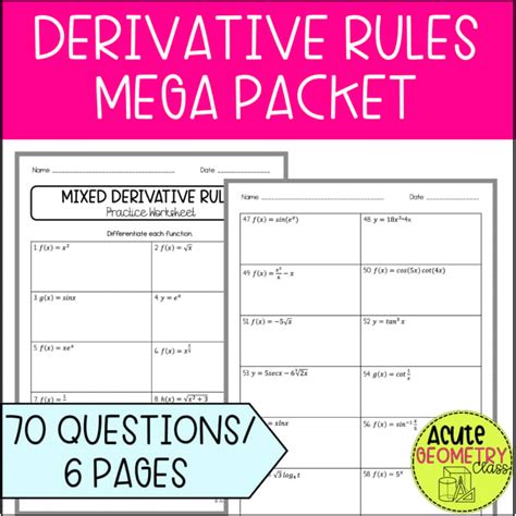 Calculus Derivative Practice Worksheet Power Product Quotient Chain Rule
