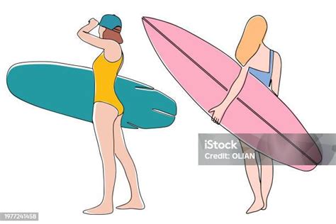 서핑 보드를 가진 소녀들 국제 서핑의 날 배너 서퍼 걸즈의 연속 선화 1 개 벡터 일러스트 레이 션 관능에 대한 스톡 벡터 아트 및 기타 이미지 Istock