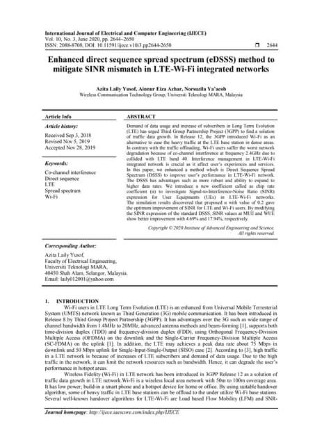 Enhanced Direct Sequence Spread Spectrum Edsss Method Tomitigate Sinr Mismatch In Lte Wi Fi