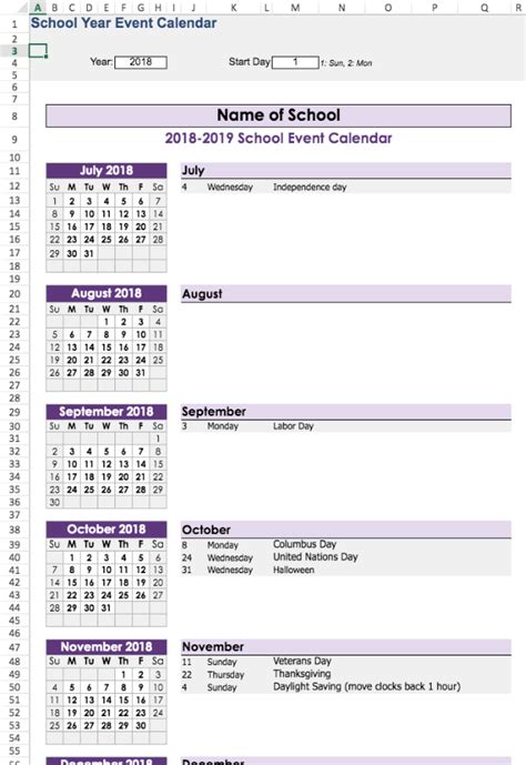School Year Event Calendar Excel Template