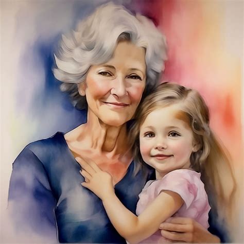 Watercolor Drawing Grandmother And Granddaughter Large — Image