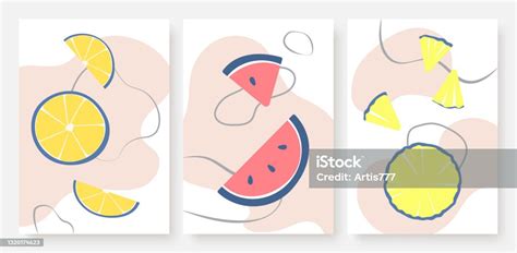 여름 과일 오렌지 레몬 수박 추상적 미니멀 한 벽 아트 세트 손으로 그린 추상적 인 간단한 라인과 과일 레몬에 대한 스톡 벡터 아트 및 기타 이미지 Istock
