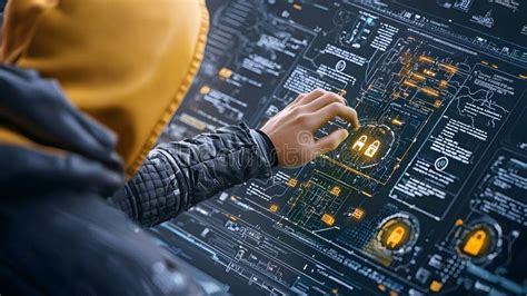 Person Interacting With Futuristic Holographic Interface Displaying Data Security And Cyber