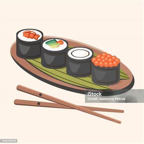 일본 초밥 스시 마키와 젓가락 나뭇잎의 세트입니다 아시아 요리 젓가락 나무 쟁반으로 전통 음식 근접 촬영 메뉴 포스터 전단지 배너 요리 개념에 대 한 벡터 평면 그림 건강한