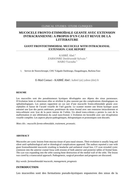 Pdf Giant Frontoethmoidal Mucocele With Intracranial Extension Case Report
