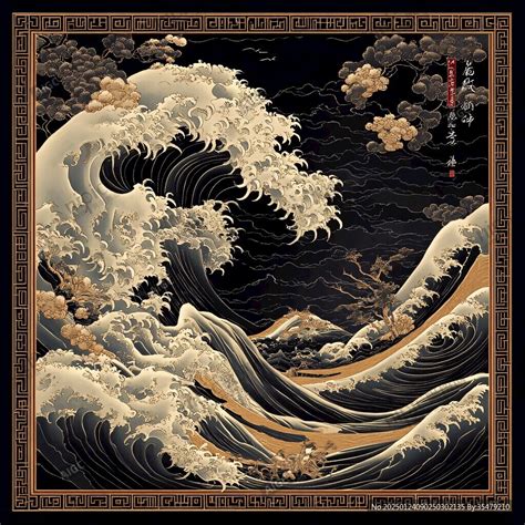 Ai创作图海浪浮世绘 浮世绘海浪 日式浮世绘 海浪仙鹤松树 海浪江崖纹 日本浮世绘风格 日式浪花背景 吉祥喜气海水江崖纹 浮世绘招贴画 工笔