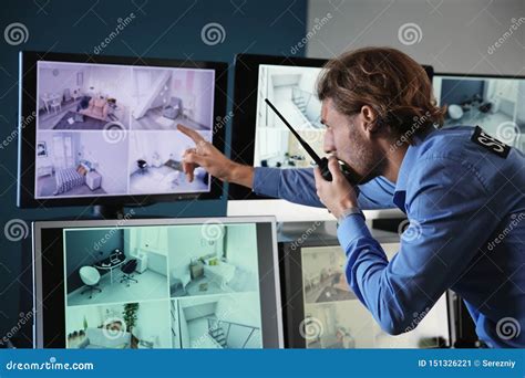 Security Guard Monitoring Modern Cctv Cameras In Surveillance Room Stock Image Image Of Room