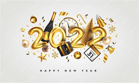 새해 복 많이 받으세요 2022입니다 흰색 바탕에 황금 금속 번호입니다 축제 현실적인 장식입니다 웹 포스터 배너 표지 카드 브로셔 전단지 레이아웃 벡터 3d