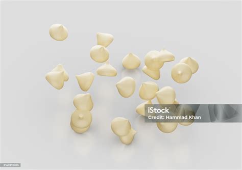 크림 같은 화이트 초콜릿 칩 또는 초콜릿 조각이 흰색 배경 3d 일러스트 레이 션에 흩어짐 3차원 형태에 대한 스톡 사진 및 기타 이미지 3차원 형태 개념 개념과