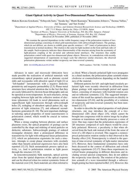 Pdf Giant Optical Activity In Quasi Two Dimensional Planar Nanostructures