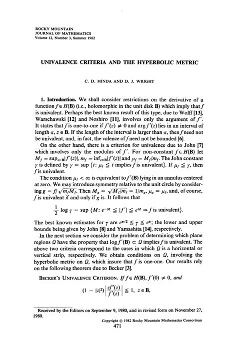 Pdf Univalence Criteria And The Hyperbolic Metric