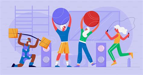 고위 백발의 사람들은 체육관 플랫 캐릭터 벡터 일러스트레이션 개념 건강한 생활 방식에서 운동을 한다 늙은 남녀는 줄넘기를 하고 공을 가지고 피트니스를 하고 스포츠