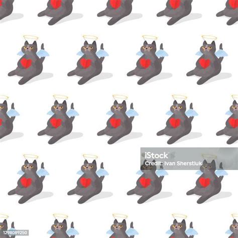 매끄러운 패턴 재미있는 회색 고양이 진지한 표정을 가진 고양이 통통한 고양이가 발에 하트가 있는 재밌게 앉아 있다 벡터 일러스트레이션 3차원 형태에 대한 스톡 벡터 아트 및