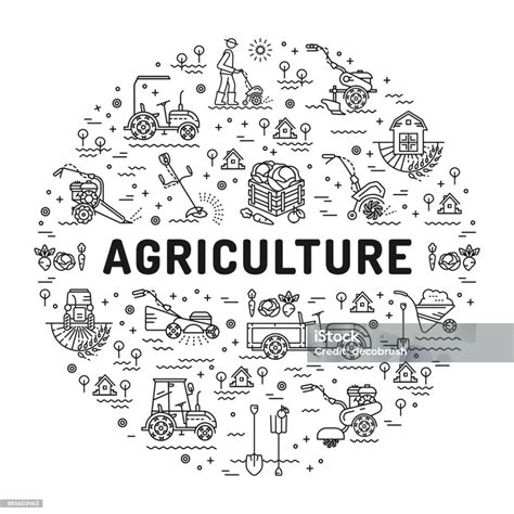 농업 및 농업 라인 아트 아이콘 팜 인포 그래픽 디자인 템플릿 정원 경 운 기 그리고 농장 기계입니다 벡터 일러스트 레이 션