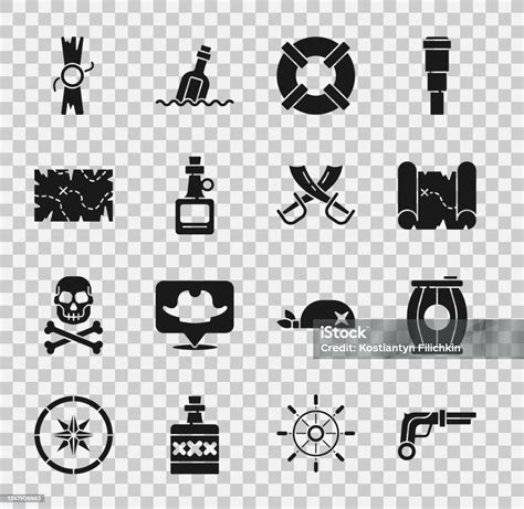 세트 빈티지 권총 총 분말 배럴 해적 보물지도 구명 부표 알코올 음료 럼 법령 양피지 스크롤 및 교차 해적 검 아이콘 벡터 검은색에 대한 스톡 벡터 아트 및 기타 이미지