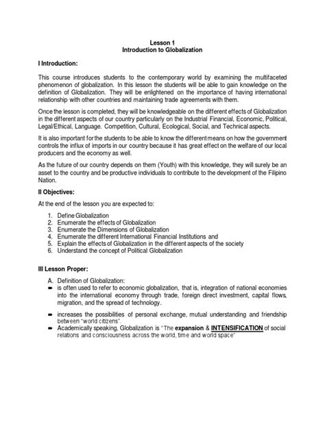 Lesson 1 Introduction To Globalization Pdf Sustainability Globalization