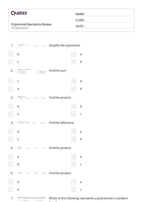 50 Polynomial Operations Worksheets For 10th Year On Quizizz Free