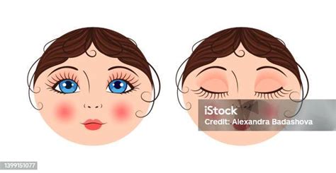 아름다운 인형 얼굴이 닫힙니다 템플렛 열린 눈과 닫힌 눈을 가진 Matryoshka 인형 예쁜 파란 눈 무성한 속눈썹과 붉은 입술 갈색 머리와 컬이있는 여성 얼굴 컬러 만화