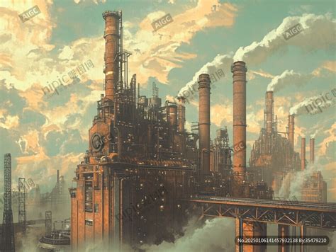 Ai创作图工业场景工业题材 科幻工厂背景 荒漠工业城市 工厂插画 工业插画 蒸汽朋克世界 工业化城市 工业风格工厂风格背景 工业油画场景 古代与工业 后工业化时代 工业化社会 工业化时代 工厂