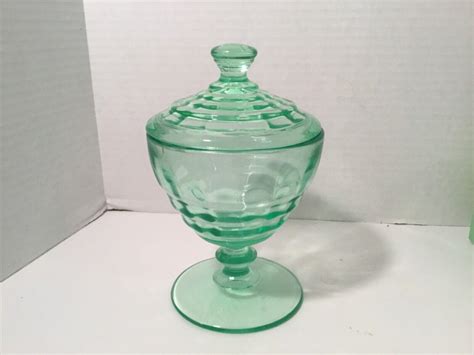Vintage Depression Era Green Uranium Glass Footed Candy Dish And Cover