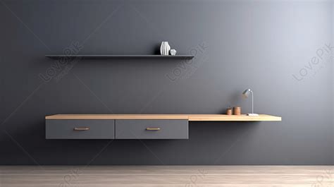 회색 벽에 캐비닛이 내장되어 있고 나무 바닥으로 보완된 세련된 책상의 3d 렌더링 나무 책상 배경 내부 배경 홈 오피스 배경 이미지 Hd 나무 책상 내부 홈