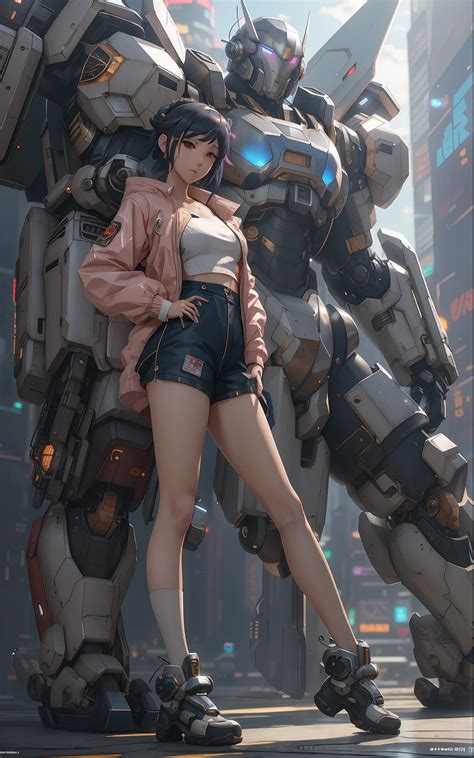 도시의 거대 로봇 옆에 서있는 여자 Seaart Ai