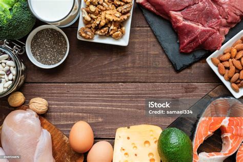 단백질 식품 고단백 식품 공급원으로 만든 프레임 생선 육류 가금류 견과류 치즈 달걀 씨앗 야채 및 우유 건강한 식생활과 균형