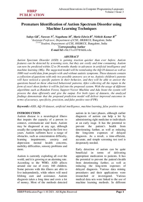 Pdf Premature Identification Of Autism Spectrum Disorder Using Machine Learning Techniques