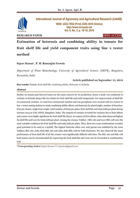 Estimation Of Heterosis And Combining Ability In Tomato For Fruit Shelf