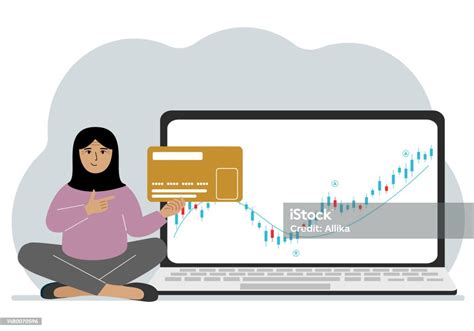 플라스틱 카드를 들고 있는 여성 옆에 주식 거래 또는 증권 거래소에서 거래되는 프로모션 페이지가 있는 노트북 주식 시장에서 사고 팔기위한 재무 차트 벡터 그래프에 대한 스톡