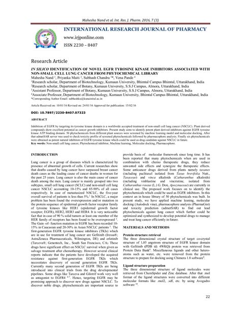 Pdf In Silico Identification Of Novel Egfr Tyrosine Kinase Inhibitors Associated With Non